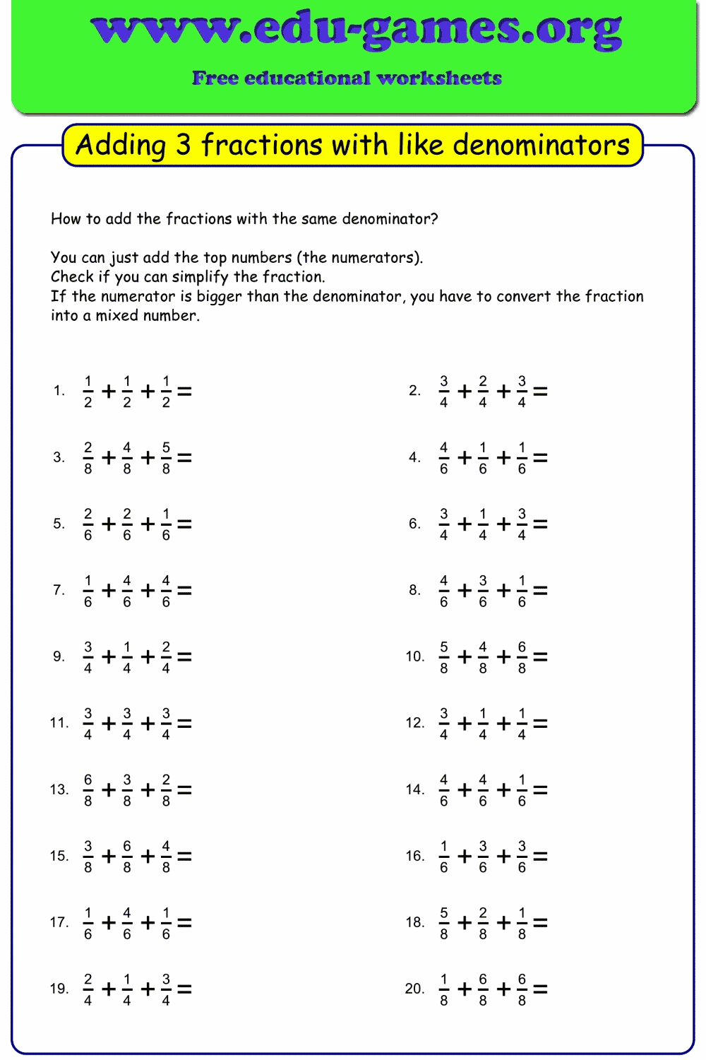 Adding 3 Fractions With Like Denominators Worksheets Edu games 