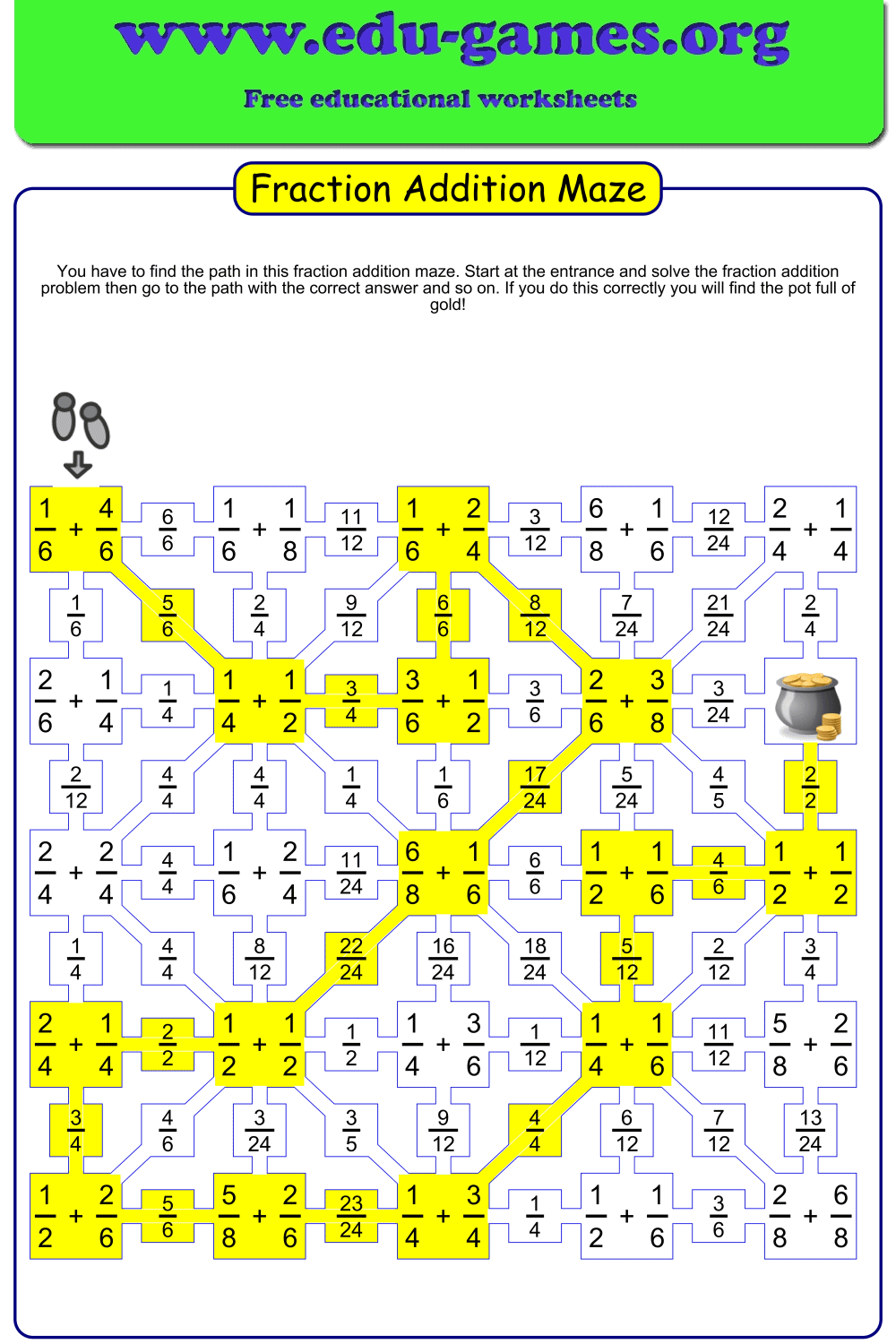 Printable Fractions Addition Maze Worksheet