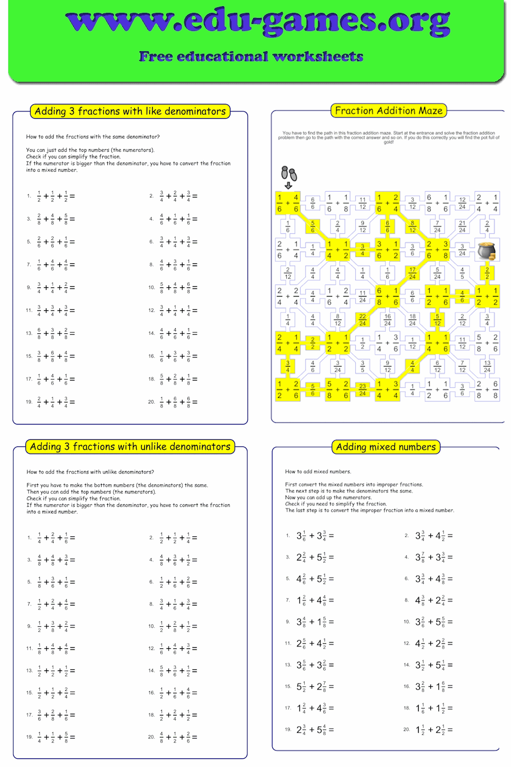 Free Fraction Addition Worksheet Generators