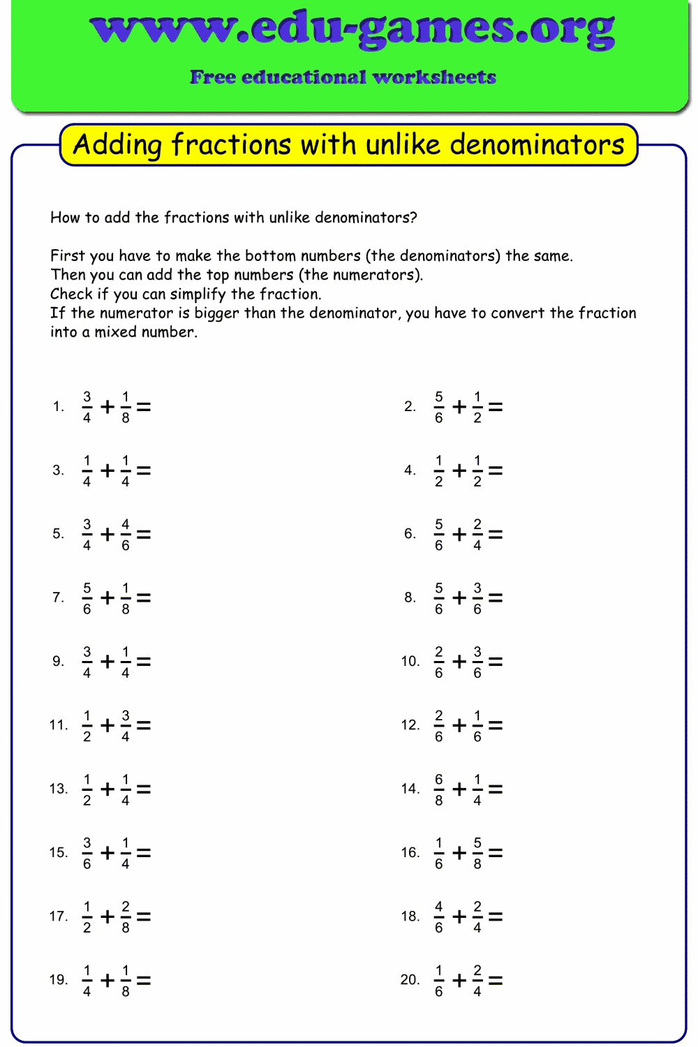 Adding Fractions With Unlike Denominators Worksheets Adding Fractions