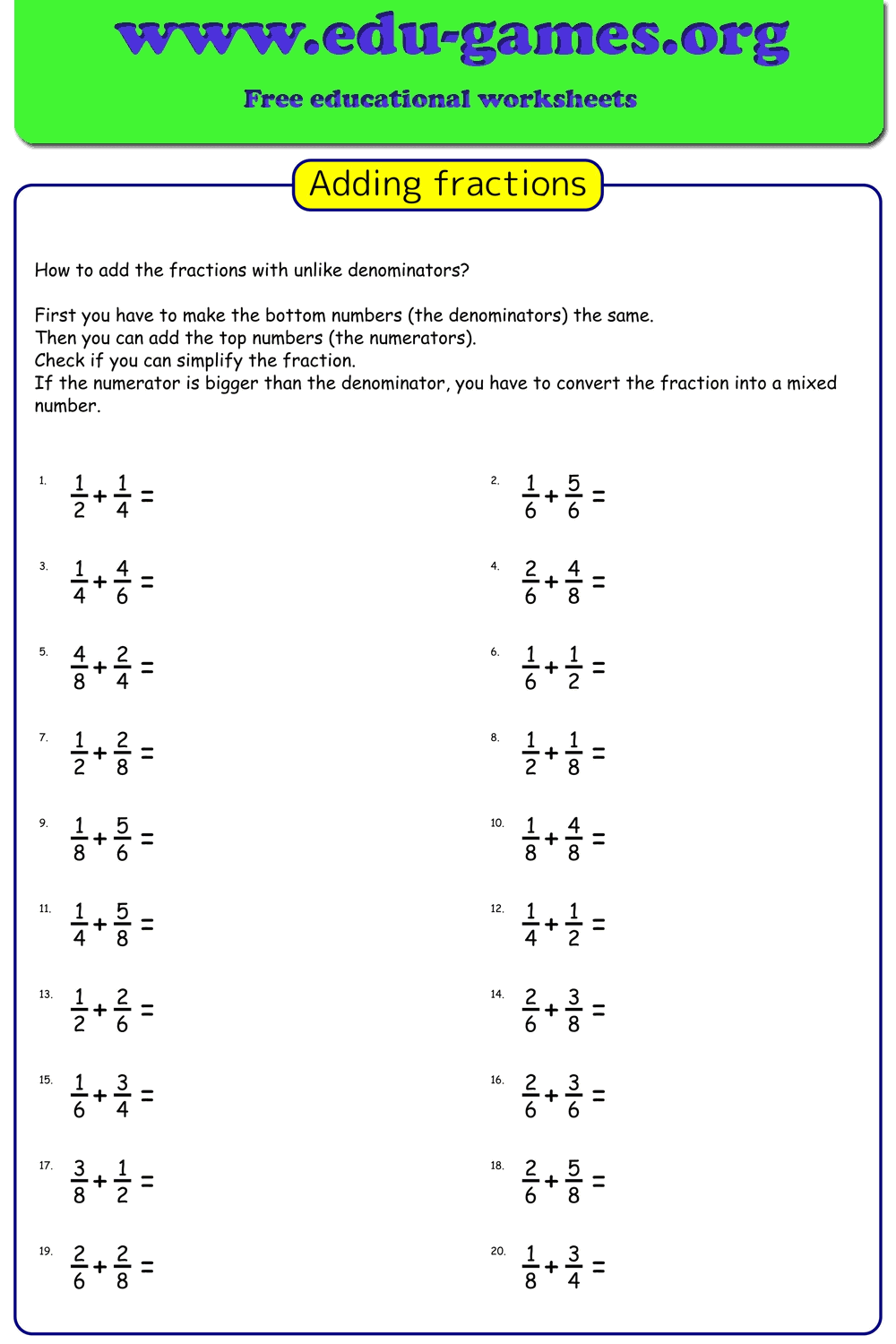 Adding Unlike Fractions Worksheet Generator