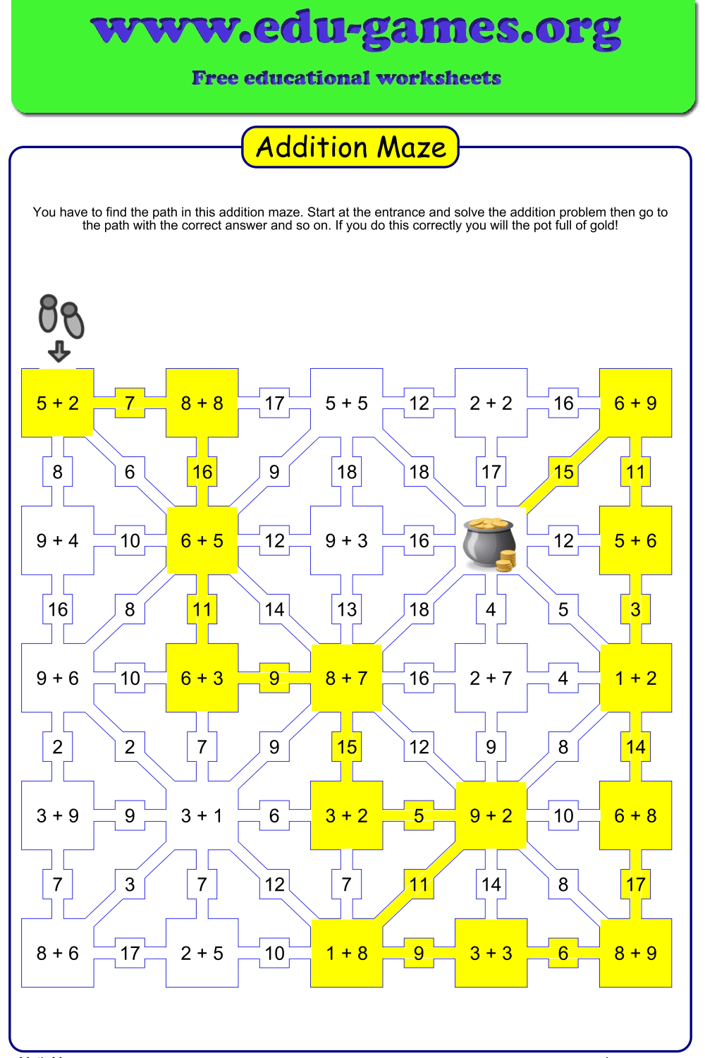 Free Addition Maze Maker – Create Printable Math Game Worksheets | Edu ...