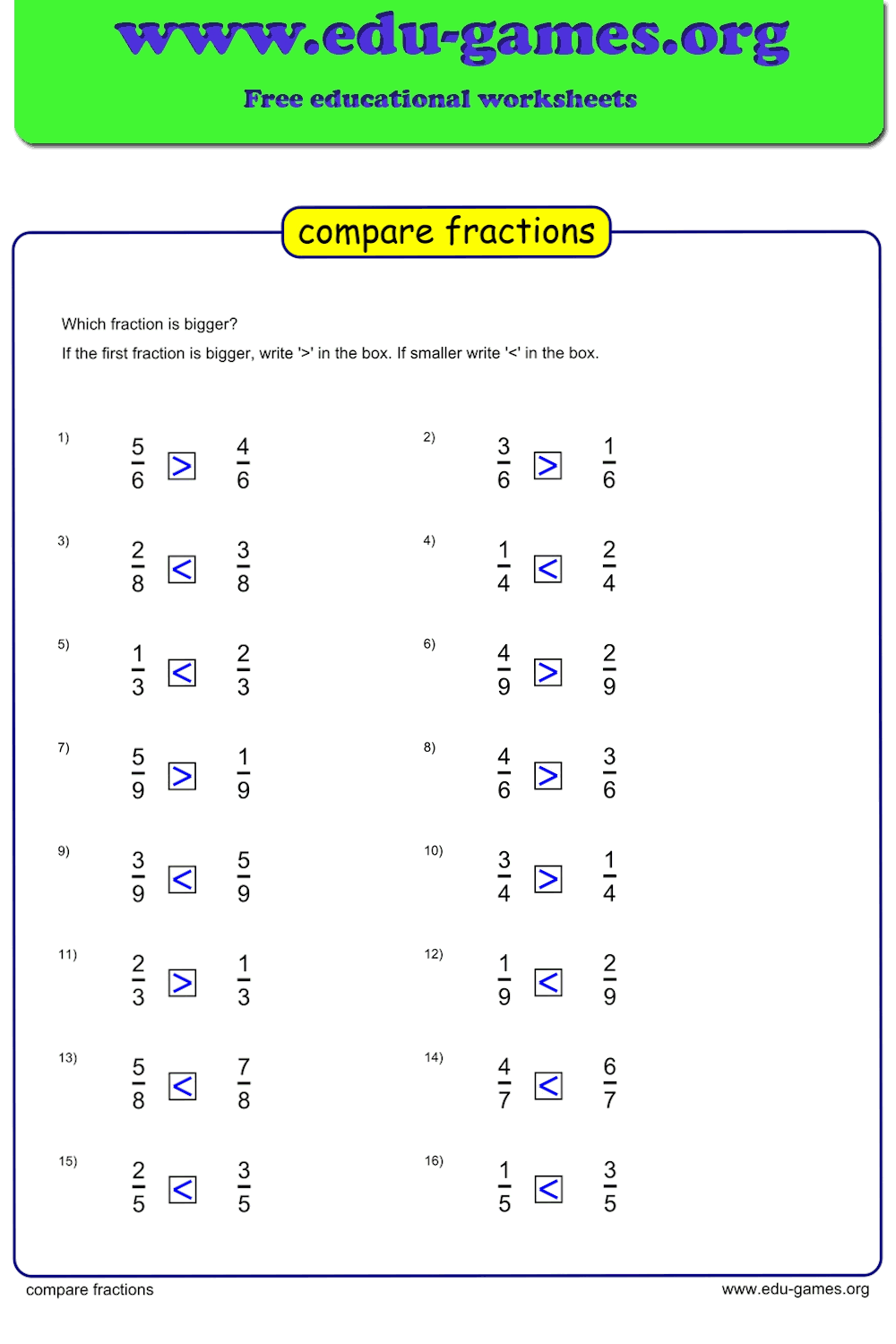 Compare Fractions Worksheet | Math | Edu-Games