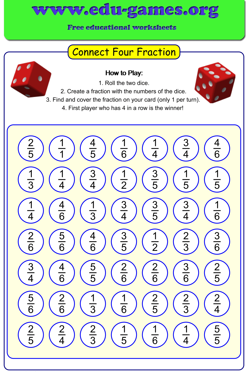 Connect Four Fractions - Free Printable Fraction Game Worksheet Generator