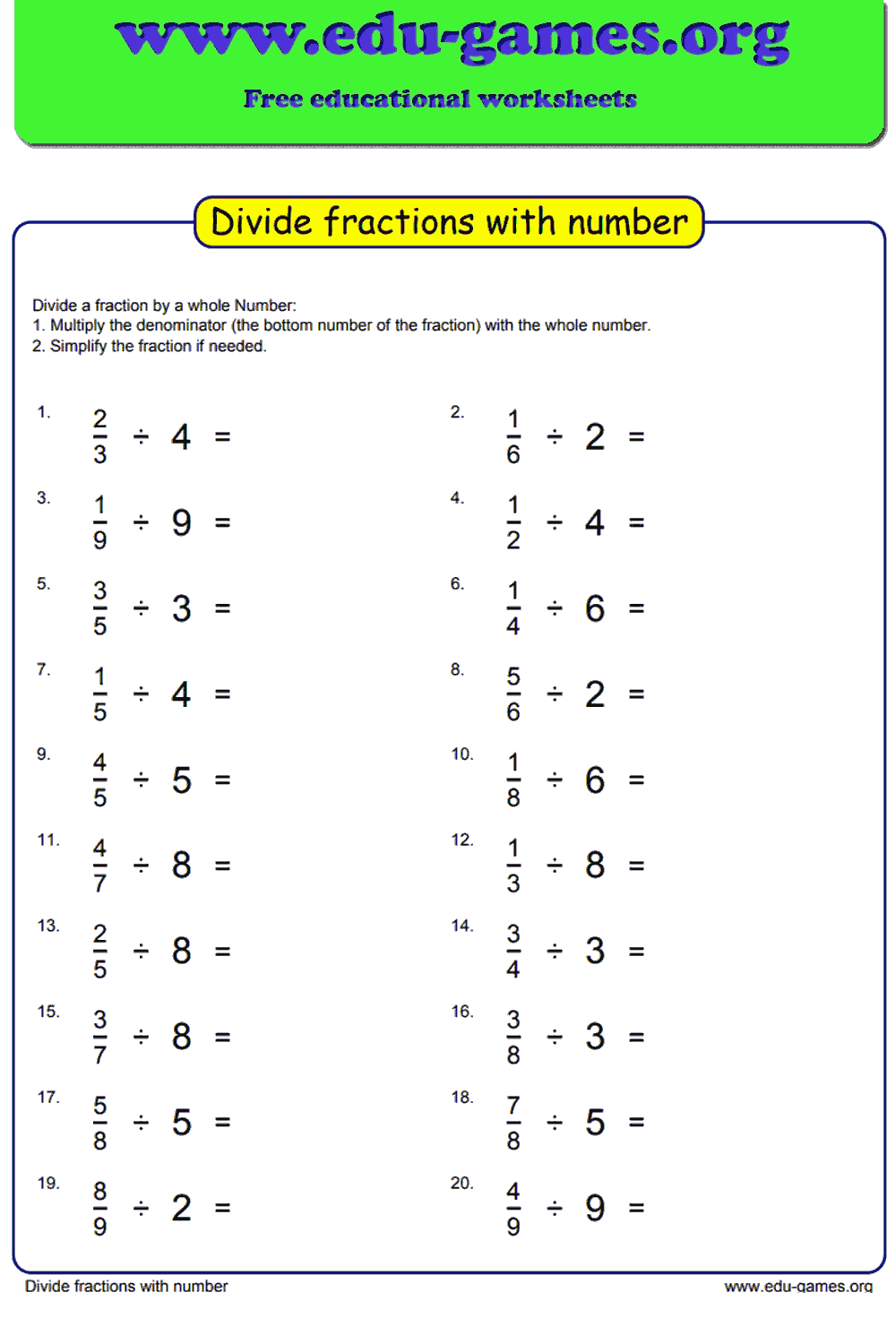 Dividing Fractions By Whole Numbers worksheet | Math | Edu-Games