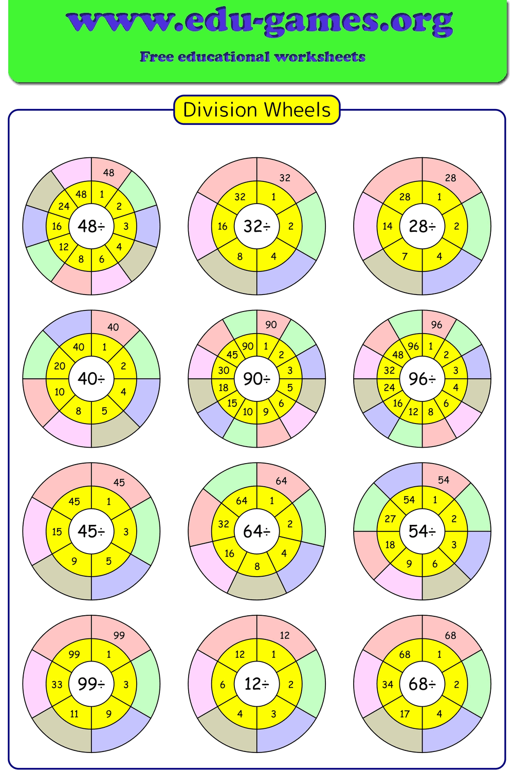 Division Wheels printable worksheets. - Edu-Games