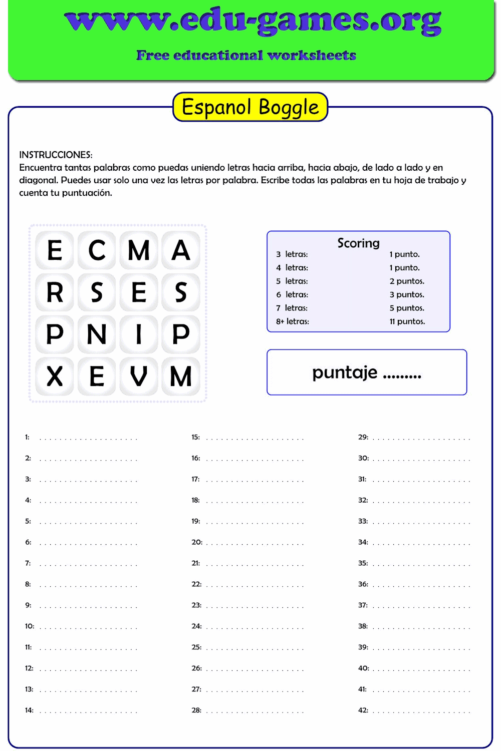 Creador de Boggle en Español — Gratis, Personalizable y con Solución en PDF