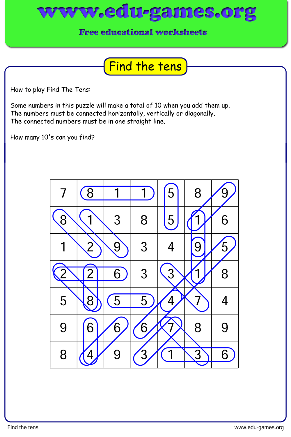 Find The Tens Puzzle Maker | edu-games.org