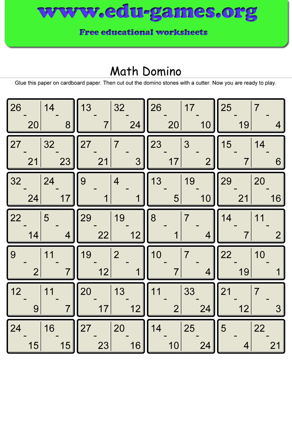 Math Domino Game Maker - Free Printable Worksheets - edu-games.org