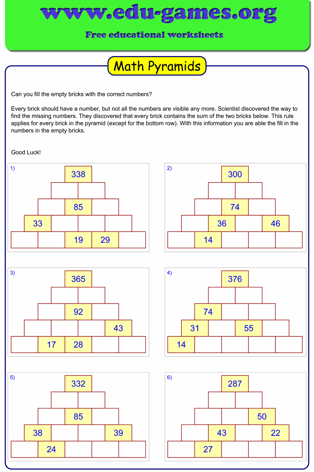 Free Math Pyramid Puzzle Game & Worksheets Generator | Edu-Games