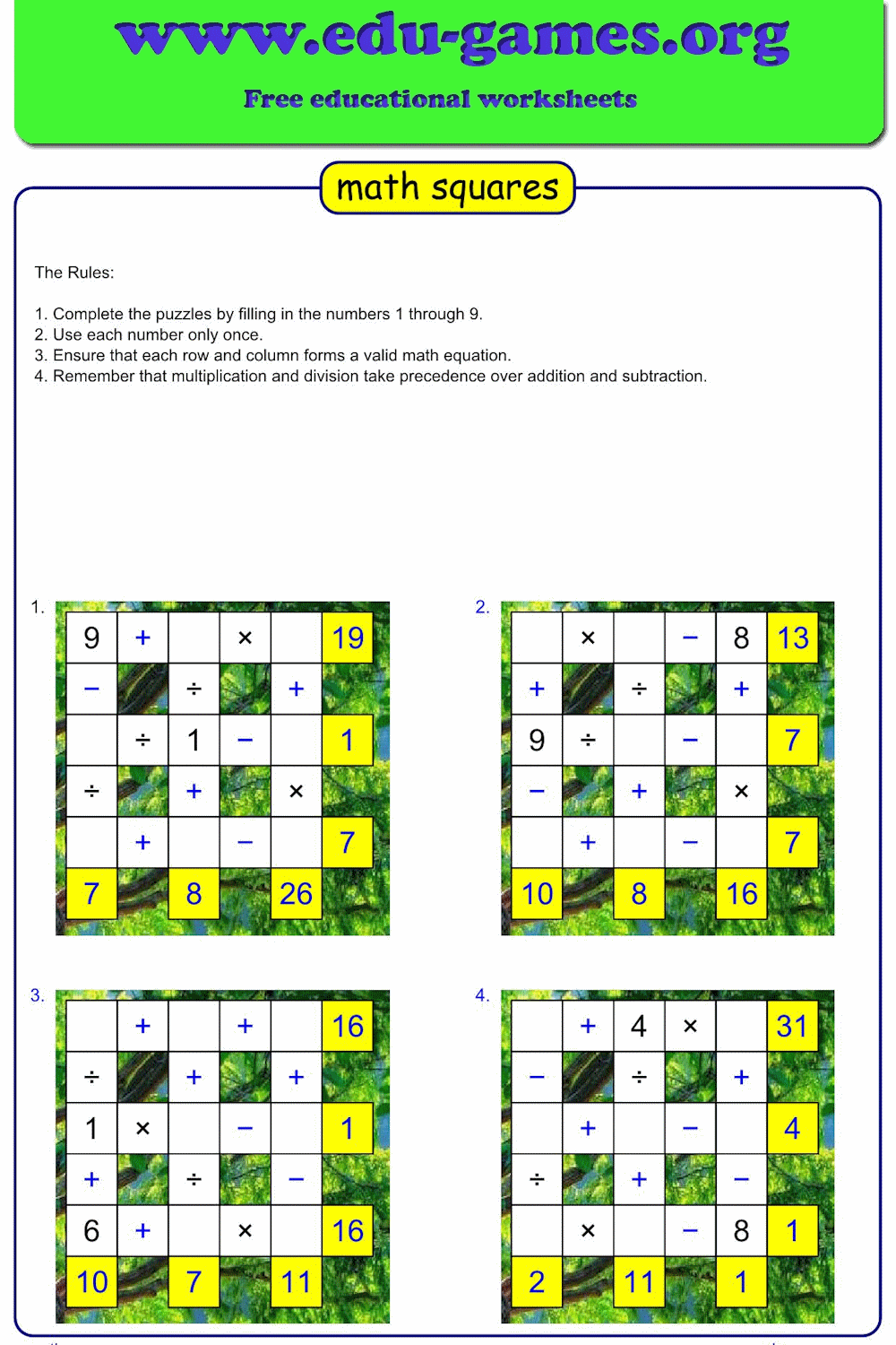 Math squares puzzle worksheet maker | edu-games.org