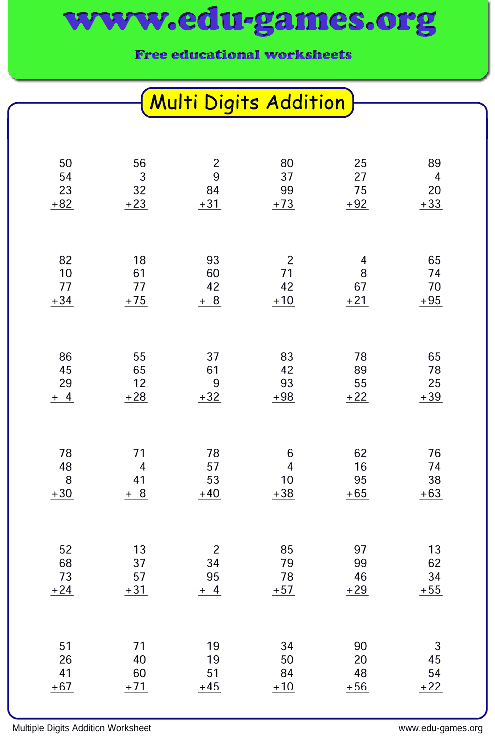 Multi Digits Addition Worksheet Generator | Free Printable Worksheets