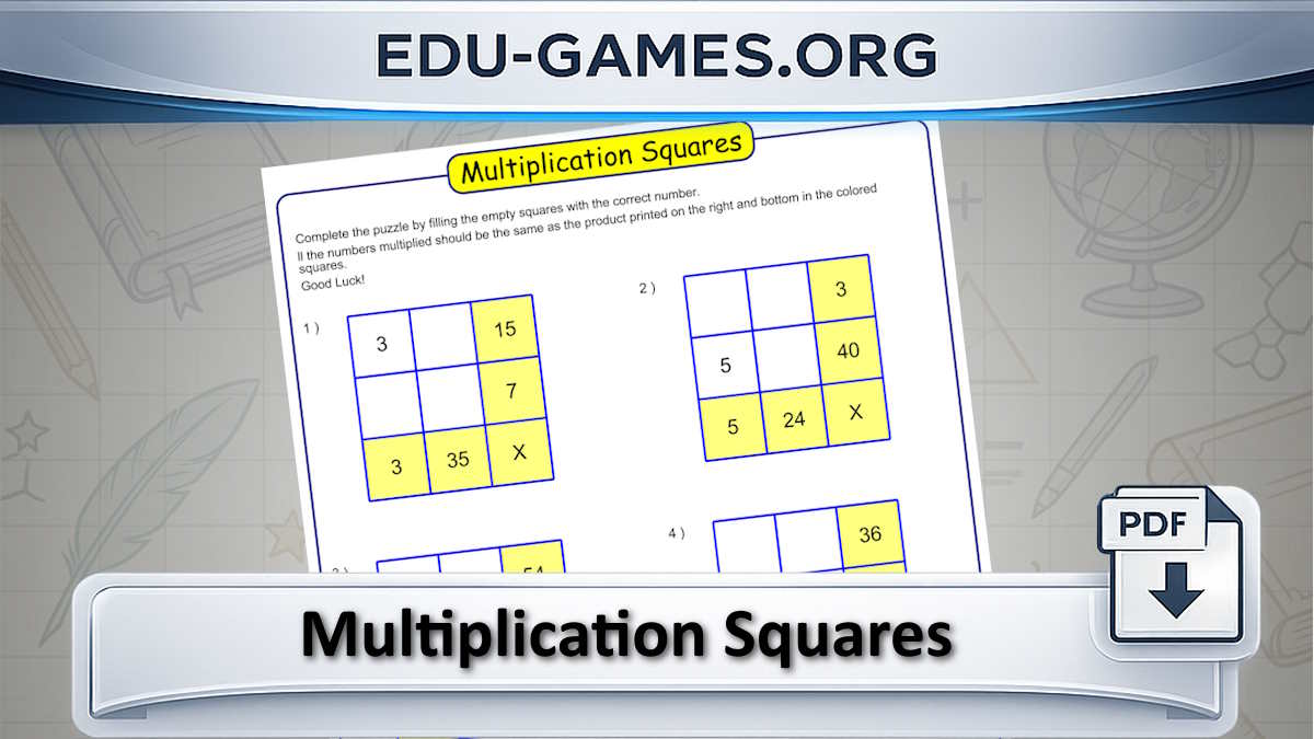 Multiplication Squares Worksheet Generator — Free Printable PDF | Edu-Games