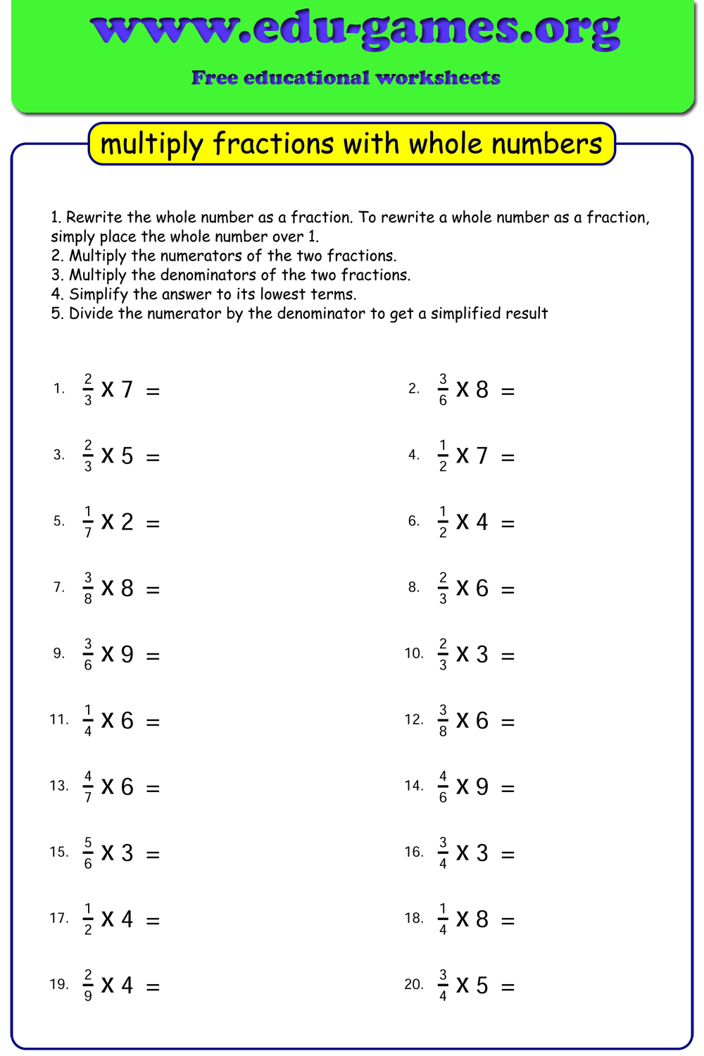 Multiplying Fractions by Whole Numbers Worksheets – Free Printable PDFs ...