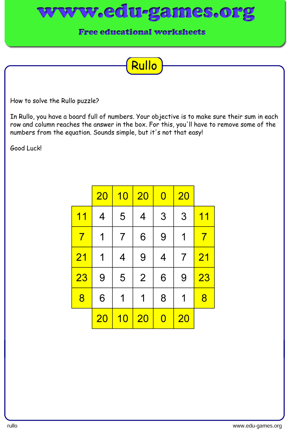 Rullo Puzzle Maker | Printable math game worksheets