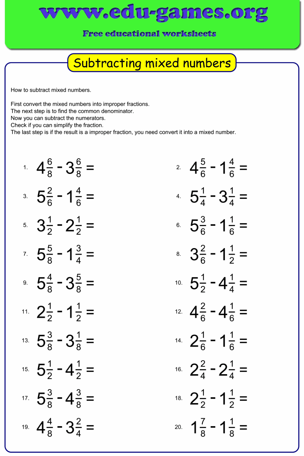 Subtracting Mixed Number Questions & Worksheet Generator – Free ...