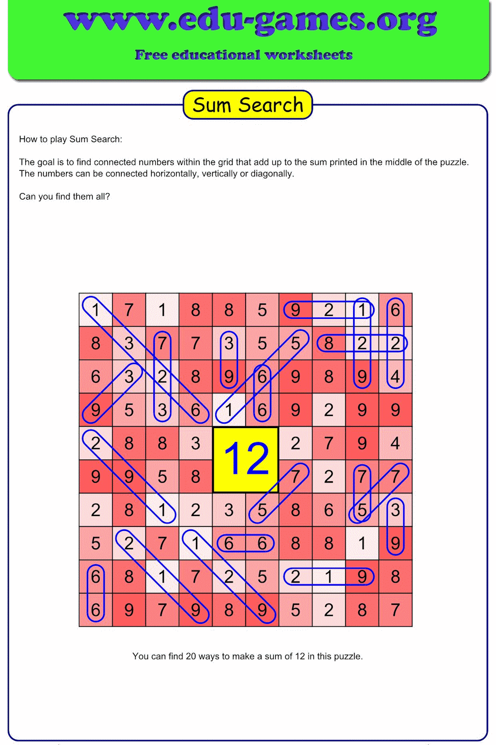 Addition Sum Search Math Worksheet Maker