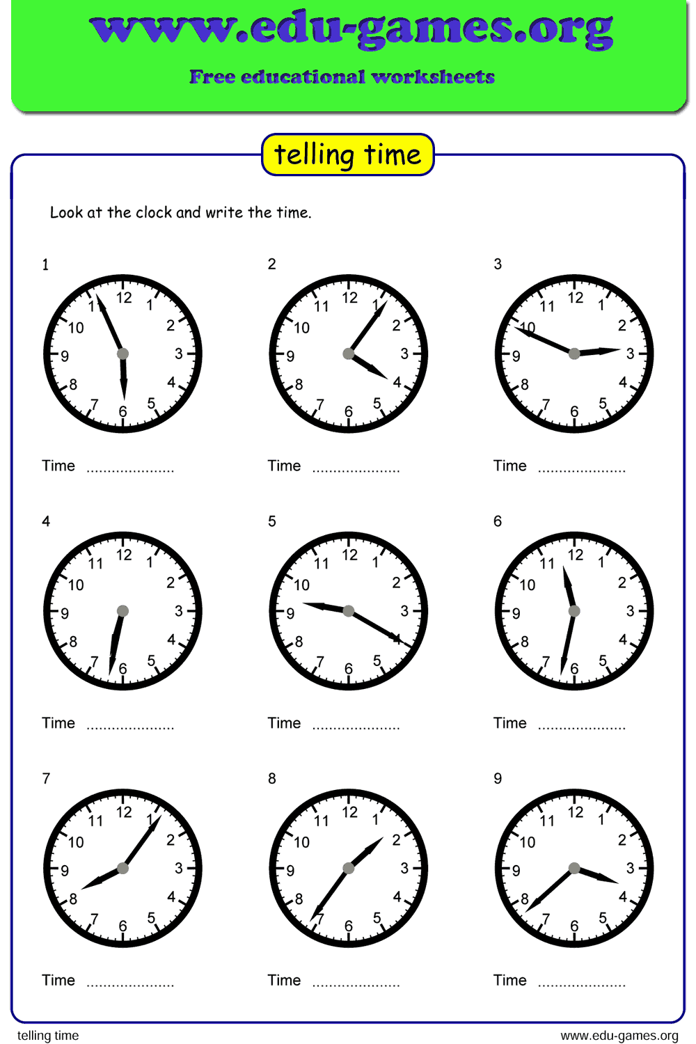 Free telling time worksheet maker. - Edu-Games