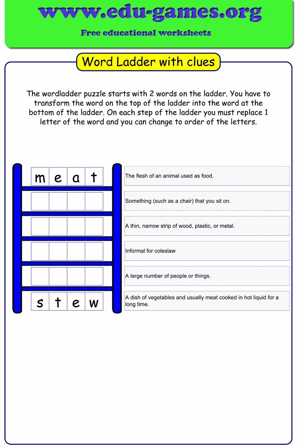 Word Ladder Puzzle With Clues - Free Printable Worksheets